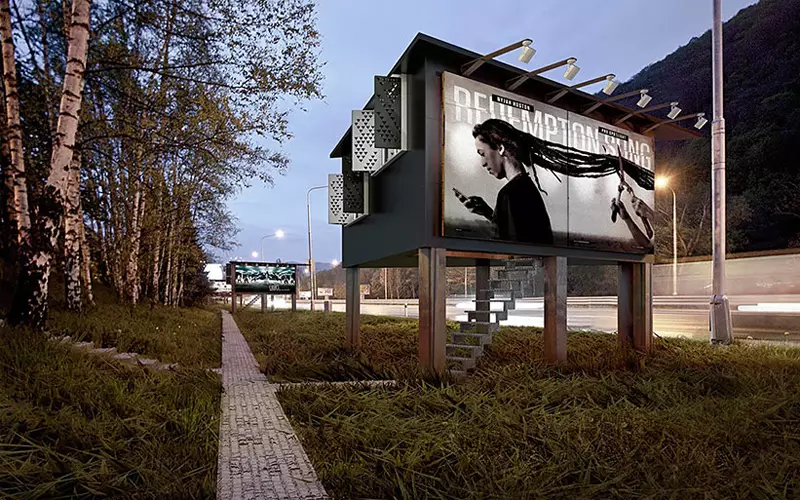 Billboard Několik pokojů umístěných přímo na silničním billboardu může být ideálním místem k životu. Zde můžete uspořádat například útulek pro bezdomovce. Takový projekt již představilo kalifornské architektonické studio Commercial Brothers.