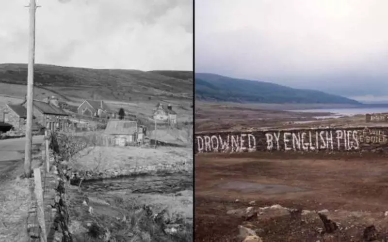 Capel Celine Village, Wales In 1965 werd dit kleine dorp in County Gwynedd, Noord-Wales, overstroomd om een ​​stuwmeer te bouwen. De gebouwen die door de waterstroom werden gesloopt, omvatten een kleine kapel, een school, een postkantoor en 12 huizen en boerderijen. Het besluit van de regering om een ​​heel dorp te vernietigen is nog steeds controversieel - en het is niet eens dat deze mensen hun huis verloren, maar dat het een van de laatste gemeenschappen was waarvan de leden Welsh spraken.