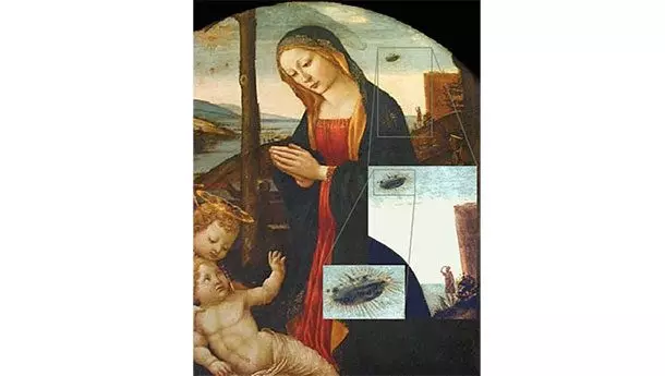 Madona a UFO V skutočnosti sa obrázok nazýva „Madona so svätým Giovanninom“ a namaloval ho Domenico Ghirlandaio v 15. storočí. Moderní vedci označujú plátno za „Madonu s mimozemšťanmi“, pretože na pozadí sú jasne viditeľné neidentifikované lietajúce objekty.