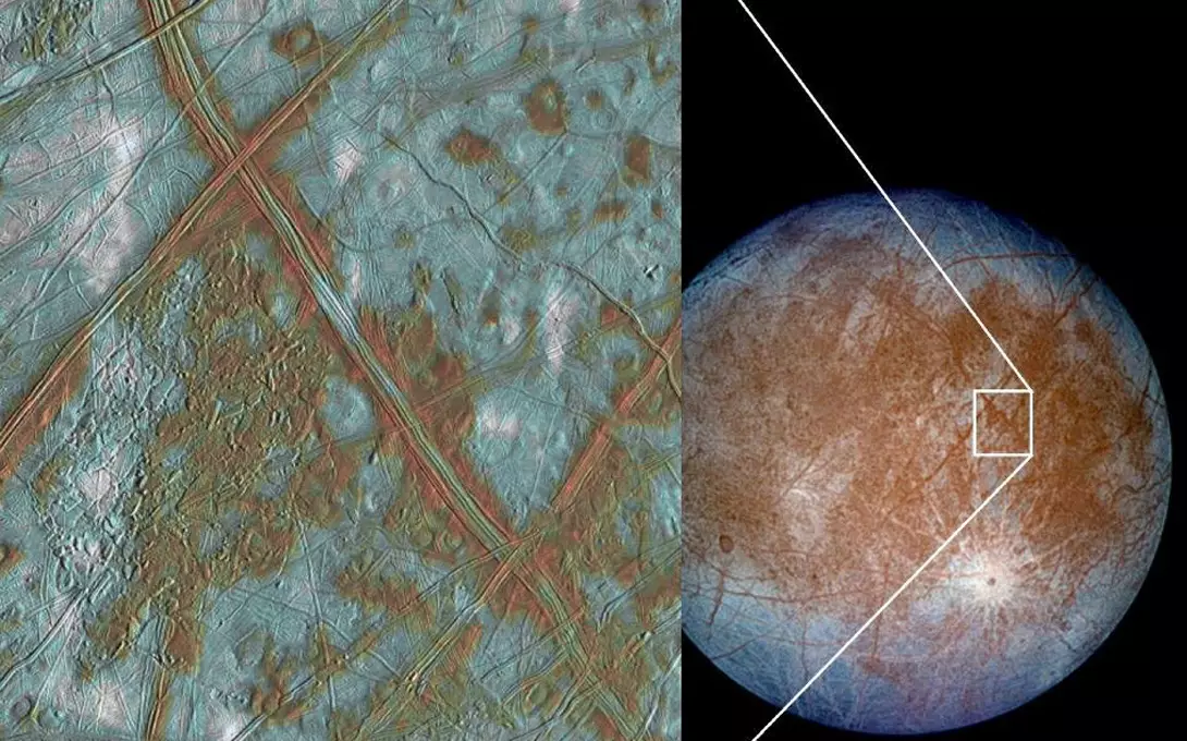 La luna di Giove La piccola luna di Giove, Europa, è ricoperta da piccole crepe. Gli astronomi sono sicuri: questo è un indicatore dei luoghi in cui l'acqua è entrata nella crosta del satellite. Questo è il motivo per cui la NASA sta investendo centinaia di milioni di dollari in futuri progetti di volo, sperando di scoprire la vita sotto la superficie di Europa.