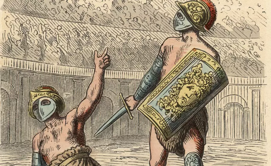 Polgar cara arriba A maioría das escolas de gladiadores preferiron ver ás mascotas vivas e ben que a area mollada de sangue para deleite do público. Por suposto, así mantiveron os seus investimentos. Entón, ao contrario da crenza popular, as loitas de gladiadores non sempre se libraban ata a morte. A maioría dos historiadores cren que só un de cada cinco atopou o seu fin na batalla. Pero, por suposto, isto non se aplicaba ás batallas do Coliseo: aquí todo o decidiu o emperador.