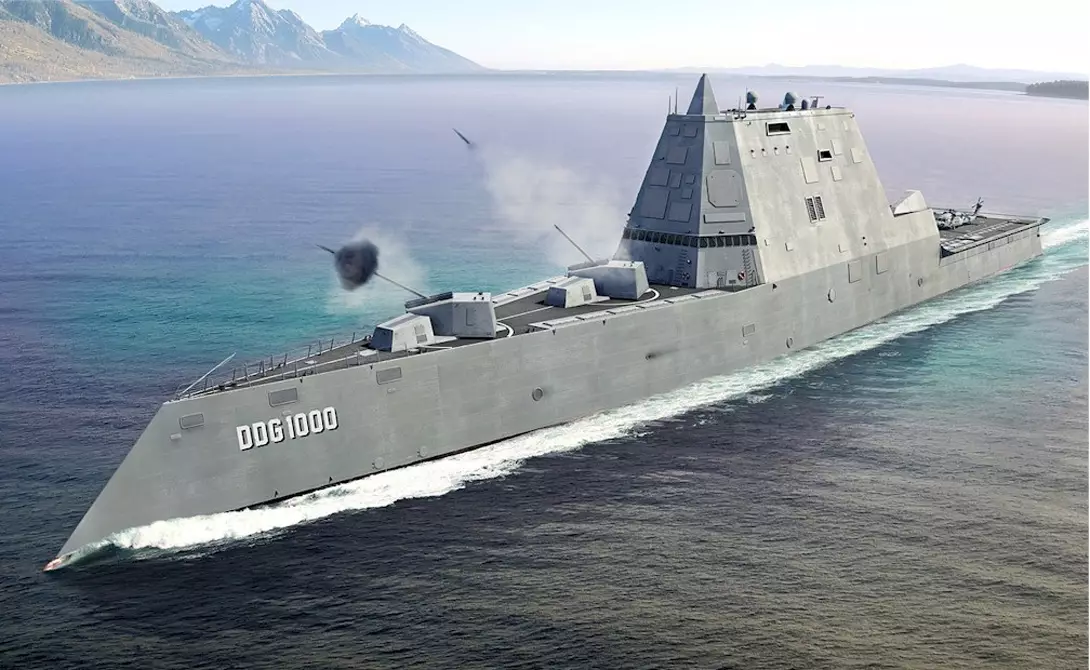 Aspetto Si prevede che i cacciatorpediniere Zumwalt servano fedelmente gli Stati Uniti per i prossimi tre o quattro decenni. L'aspetto della nave, che è piuttosto insolito per la moderna costruzione navale, parla anche di piani per un futuro lontano. Il compito principale degli ingegneri progettisti era ridurre il più possibile la visibilità del cacciatorpediniere tramite radar. Per questo motivo, i contorni dello scafo e di tutte le sovrastrutture sembrano un sistema di piani che si uniscono ad angoli diversi. I lati bassi, inclinati verso il ponte, hanno lo stesso scopo. Le caratteristiche di marcia della Zumwalt hanno beneficiato solo di un tale layout: la nave sviluppa una velocità davvero impressionante per le sue dimensioni e classe.