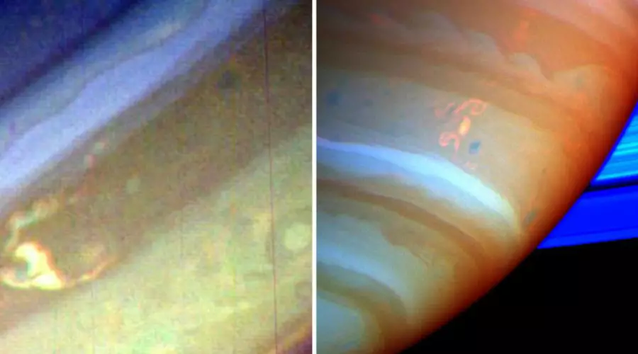 Dragon Storm op Saturnus Die Cassini -sending het in 2004 beelde van hierdie ongelooflike storm geneem. Die sogenaamde "Dragon Storm" is 'n storm met 'n lengte van tot 3200 kilometer. Weerlig slaan binne 1000 keer sterker as op aarde.