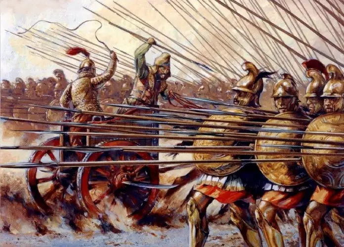 Batalla de Gaugamela 1 de outubro de 331 a.C. NS. A batalla final de Alexandre Magno e do rei persa Darío III. 100.000 persas non puideron soportar o ataque de 40.000 combatentes de Alexandre: o gran comandante saíu vencedor grazas a excelentes tácticas. Despois desta gloriosa vitoria, Alexandre converteuse no rei de toda Asia.