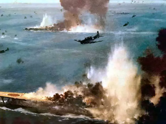 Batalla de Midway 1942 Os historiadores comparan esta batalla coa batalla de Stalingrado. O almirante da flota xaponesa Yamamoto intentou capturar a illa de Midway, situada preto das illas Hawai. O inimigo foi atopado pola armada naval estadounidense baixo o mando de Chester Nimitz. Como resultado, os xaponeses sufriron unha esmagadora derrota, que arruinou fundamentalmente todos os plans da Terra do Sol nacente para apoderarse dos territorios americanos.