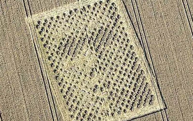 Binary Code Face This rectangular composition with a human face originated in August 2001 near the radio telescope in Chilbolton, Hampshire. With no signs of human involvement in its creation, the formation terribly resembled the famous face on Mars and was accompanied by a second formation that contained a complex binary code. The encoded information, interestingly, is remarkably similar to what we sent out into space on the Voyager spacecraft.