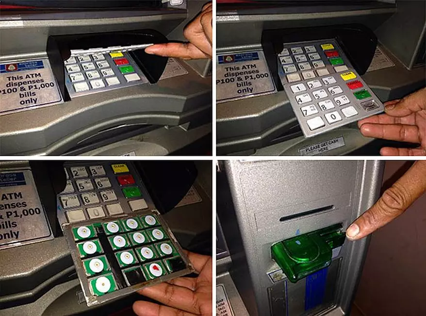 Ang Overlay ng Keyboard Ang manipis, pekeng overlay sa ATM keyboard ay mahirap makita. Karaniwan, ang mga kriminal ay nagtatrabaho nang pares: pagkatapos maghintay para sa biktima na gamitin ang ATM (maaalala ng pekeng keyboard ang ipinasok na PIN code), aalisin ang isang takip, ang pangalawa ay sumusunod sa biktima at ninakaw ang card mismo sa isang maginhawang sandali.