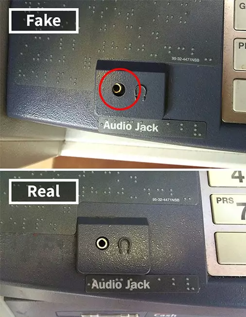 スキマーが取り付けられている兆候キャッシュスロットの下の亀裂に注意してください。 ATMにヘッドホン用のミニジャックがあり、それがシフトされている場合、おそらく詐欺師がここで働いています。