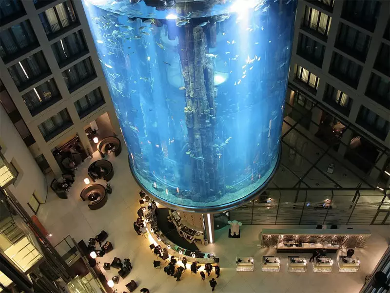 Ene de la plej granda cilindra salakva akvario de la mondo, situanta en la vestiblo de la hotelo Radisson Blu en Berlino, inĝenieroj kaŝis travideblan lifton. Dum la supreniro, 360-grada panoramo de la subakva regno, reprezentita de 1 500 fiŝoj de 97 specioj, disponeblas al vizitantoj.