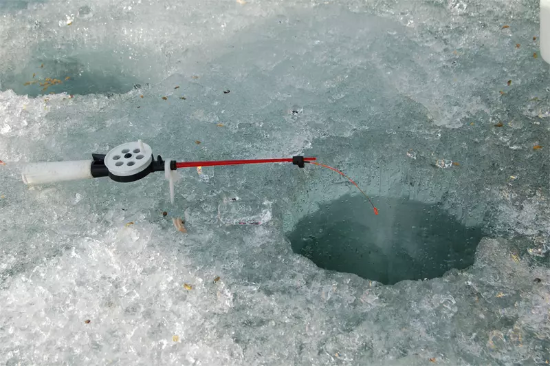 Varas de pesca Pegue um par de varas de pesca especiais de inverno feitas de espuma ou plástico e uma vara universal com molinetes, se necessário, você também pode usá-la simplesmente como uma vara de pescar.