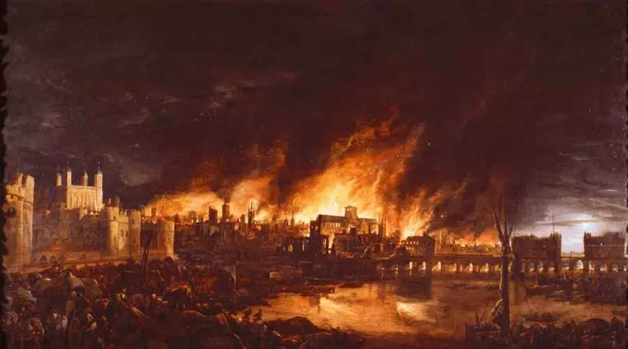 The Great Fire of London Réttlátt blóð mun þyrsta í London, brenna í eldi 66, The Old Lady mun falla úr hástað hennar, og margir bræður í trú verða drepnir litla bakarí Thomas Farriner braust út í eldi á sekúndubroti og logarnir breiddust hratt út um borgina. London brann í þrjá daga, tugþúsundir manna voru heimilislausar. Hins vegar voru jákvæðar stundir í þessum eldi: milljónir rotta sem dreifðu plágunni dóu. Þeir eru ályktaðir í fjórgangi Nostradamusar sem „blóð trúaðra“.