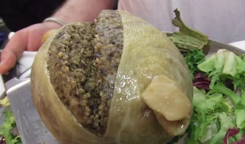 Haggis Scotland Merkelig, eksotisk og (la oss innse det) motbydelig mat kommer ikke alltid fra fjerne land. Haggis, for eksempel, er utarbeidet av ganske siviliserte gutter - skottene. De maler innsiden av en sau, blander dem med salt, havregryn, smult og krydder og serverer dem til gjesten ... i magen på de samme sauene.