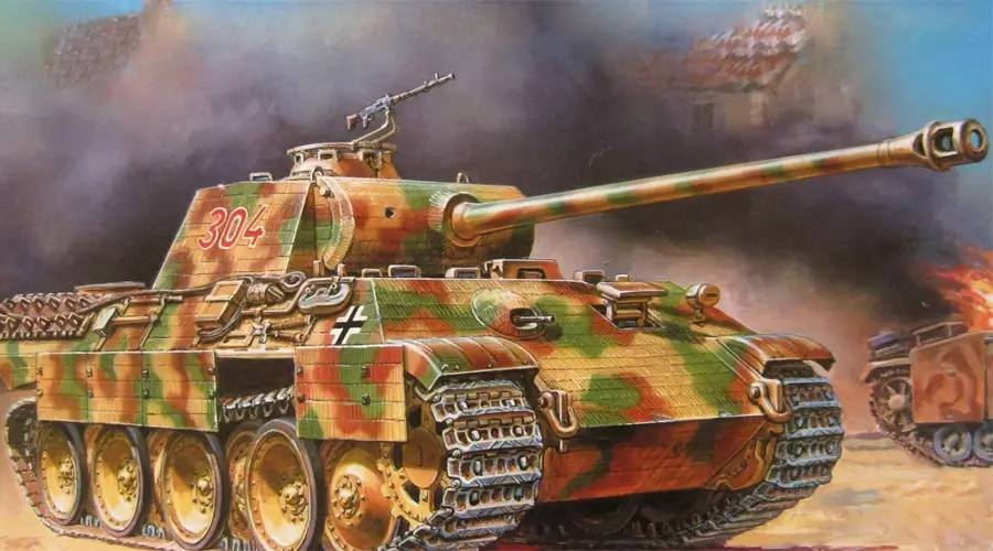 MK V Panther Germany Ein mittlerer deutscher Panzer, der Anfang 1943 auf dem Schlachtfeld erschien. Der Panther blieb bis Kriegsende mit insgesamt 6.334 von Deutschland produzierten Panzern im Dienst. Das Fahrzeug entwickelte eine ordentliche Geschwindigkeit von 55 km / h, hatte eine 20-mm-Panzerung und eine 75-mm-Kanone. Diese Kombination von Eigenschaften ermöglichte es MK V, die alliierten Truppen in Schach zu halten, aber der sowjetische T-34 war für ein solches Bündel zu hart.