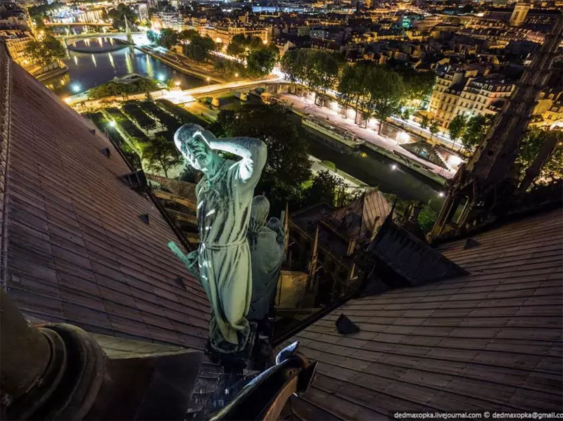 Usiku, pambali pake ndi mapaipi, anyamatawo adakwera padenga la Notre Dame Cathedral.