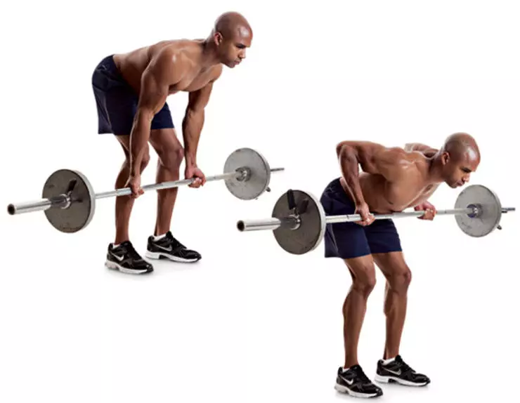 Bent Over Row Phiên bản tĩnh của deadlift ít gây chấn thương hơn và tập trung hơn vào latissimus dorsi. Vị trí bắt đầu: cơ thể cong gần như song song với sàn. Tay cầm hơi rộng hơn vai, thẳng tay. Nâng thanh tạ lên bằng cách co cơ bên và cơ giữa. Sau khi tạm dừng một chút, quay trở lại vị trí bắt đầu bằng cách hạ thanh tạ xuống cho đến khi cánh tay của bạn được mở rộng hoàn toàn.