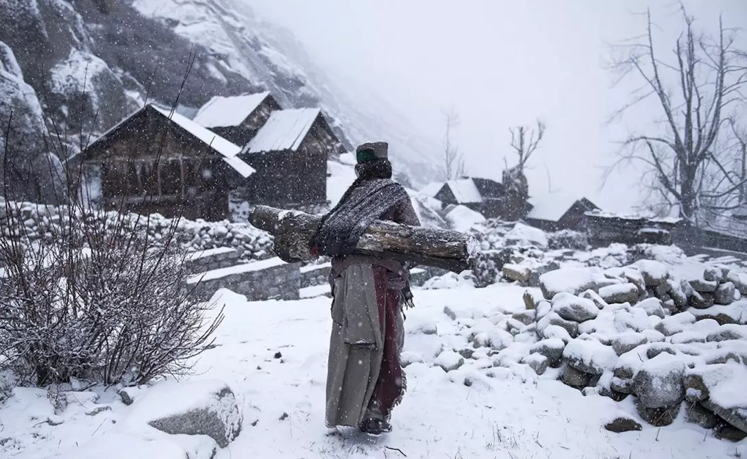 Remote life at -21 degree Author: Mattia Passarini The woman returns to her house, collecting firewood for heating.