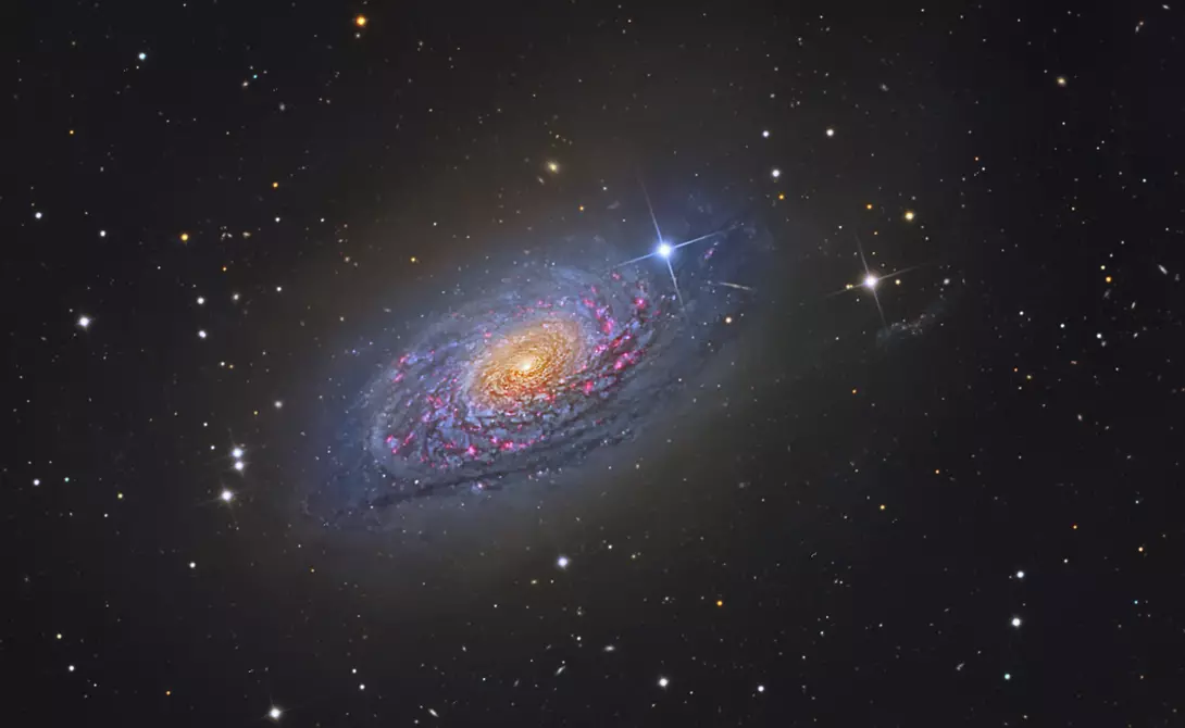 Sunflower Galaxy galaxy ນີ້ແມ່ນ ໜຶ່ງ ໃນໂຄງສ້າງອາວະກາດທີ່ສວຍງາມທີ່ສຸດໃນຈັກກະວານ. ເສື້ອແຂນຍາວທີ່ມີຂະ ໜາດ ກວ້າງຂອງມັນປະກອບດ້ວຍດາວຍັກໃblue່, ສີຟ້າ, ສີຂາວ.