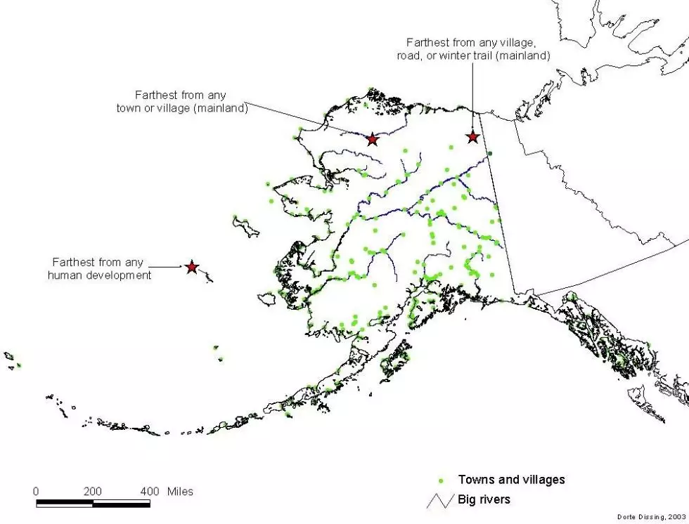 Alaska The largest and most empty state in America. The Isle of St. Matthew, which is part of Alaska, is incredibly far from any human settlement. Arctic foxes, voles, a couple of snake species and nothing else.