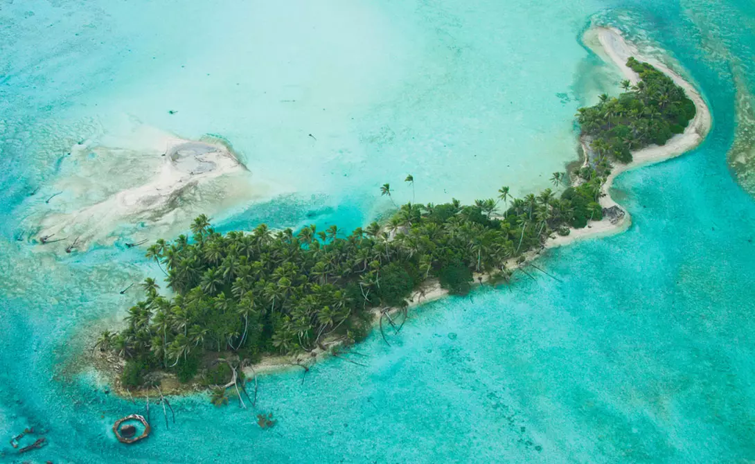 Palmyra Atoll USA Mae Palmyra Atoll rhwng Hawaii a Samoa America. Mae cymaint â hanner cant o ynysoedd bach wedi'u gorchuddio â choed cnau coco, scovola a pyzonia.