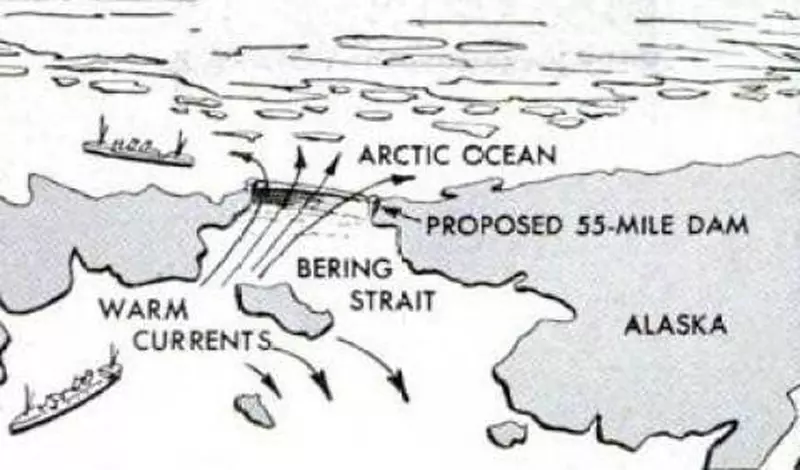 Az óceán a fordulatban A legtöbb ember a hidegháborút az atomfegyverek könyörtelen építésével hozza kapcsolatba. De néhány projekt sokkal ambiciózusabb volt. Például a Szovjetunió komolyan tervezte az egész sarkvidék felolvasztását. A mérnökök elképzelése szerint az óriási gátnak el kellett volna zárnia az űrt Oroszországtól Alaszkáig, és meg kell akadályoznia a Csendes -óceán áramlását. Egy ilyen gát átirányíthatná a Golf -folyamot az Atlanti -óceánba, és megengedheti, hogy a meleg sós víz felolvasztja a sarkvidéki jeget.