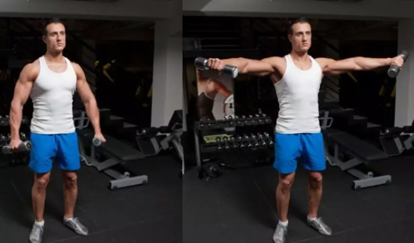 Sideways dumbbell swing Neist effektyf fetferbrâning sil dizze oefening jo skouders noch breder meitsje. Nim dumbbells yn jo hannen en, bûgje jo earmbannen in bytsje, meitsje in simultane weach fan jo earms nei de kanten. Hâld op it boppeste punt (op skoudernivo) in sekonde en gean werom nei de startposysje. It sil better wêze as jo hannen net op 'e kanten fan it lichem wurde ferlege, mar foar jo nei bûten brocht wurde. Doch 12-15 repetysjes foar ien set, en, lykas gewoanlik, 3 sets.