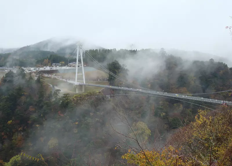 Kokonoe, Japan Um einen genaueren Blick auf die Shindonotaki-Wasserfälle zu werfen, müssen Touristen ihre Angst überwinden und über eine 390 Meter lange Hängebrücke gehen, die eine 173 Meter tiefe Schlucht überragt.