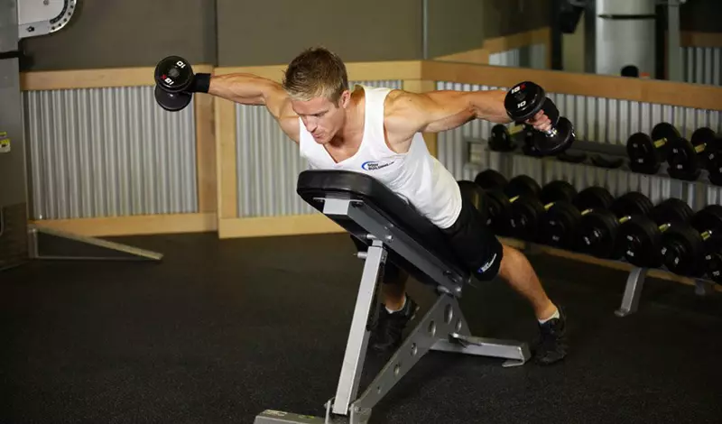 Incline Dumbbell Raising Denne øvelsen blir neglisjert av mange, rett og slett fordi den ikke er lett å utføre. Ligg med forsiden ned på en skråbenk for å gi støtte til magen og brystet. Hendene senkes ned, vinkelrett på kroppen. Når du puster ut, løfter du dumbbells til en posisjon parallelt med gulvet - som de forrige, gjør repetisjonen uten å rykke.