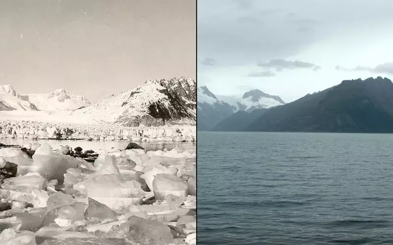 Derretimento da geleira do noroeste do Alasca Esquerda: agosto de 1940 À direita: agosto de 2005