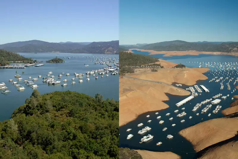 Shallowing Lake Oroville, Califórnia, à esquerda: 2011 à direita: 2014